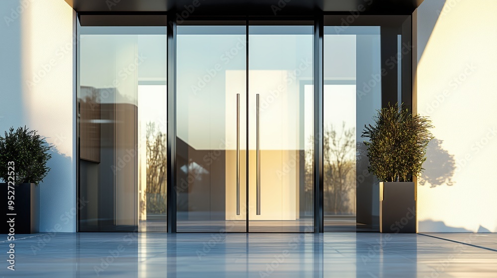Modern glass entrance door with sleek metal handles, installed in a luxury residential home ...