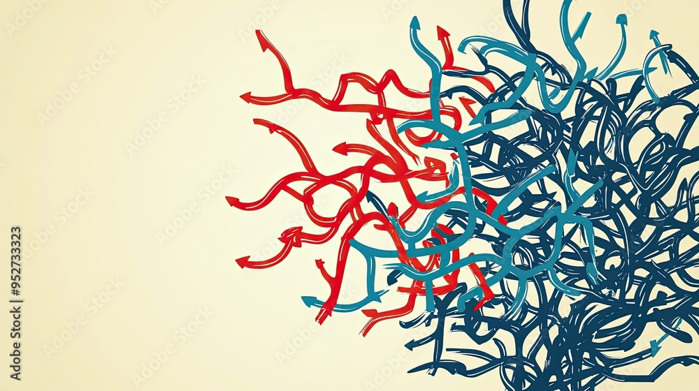 A chaotic decision tree with tangled arrows and unclear paths ...