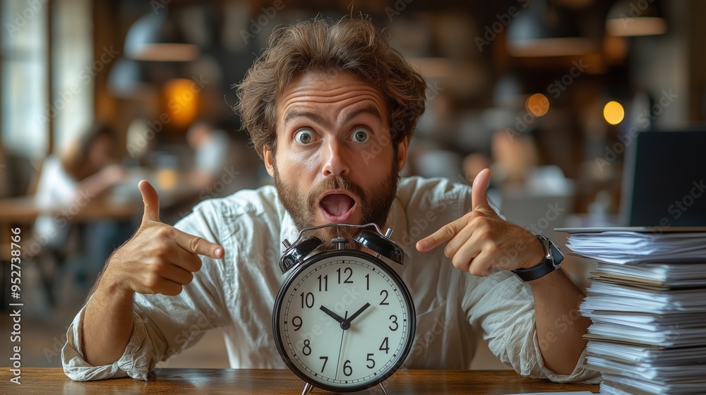 Surprised man with messy hair excitedly pointing at an alarm clock ...