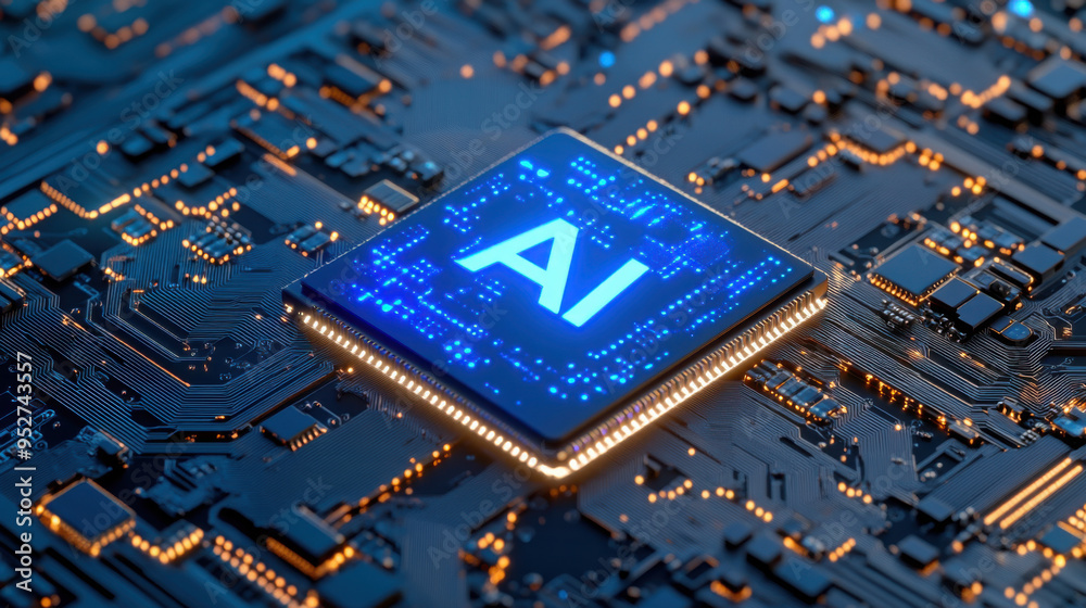 3D illustration of the chip with holographic text "AI" floating above ...