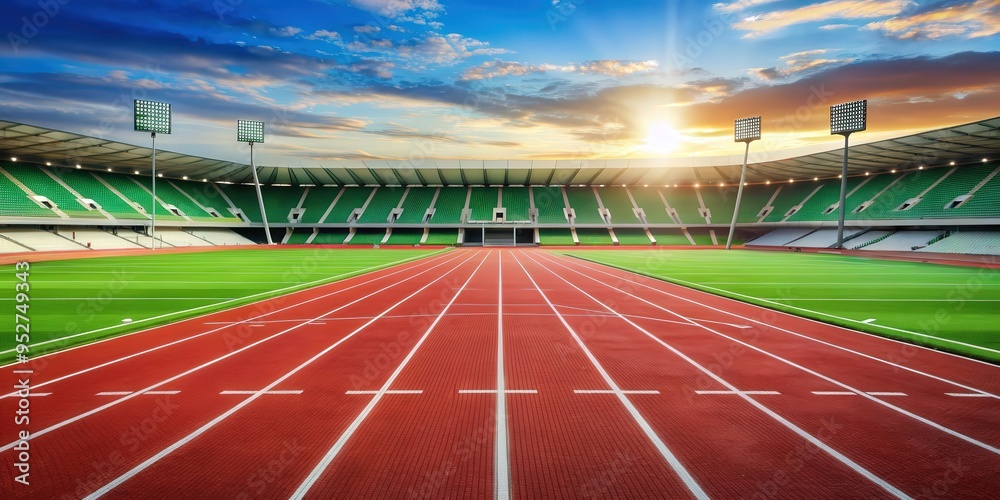 A professional track-and-field stadium with green turf and white lines ...