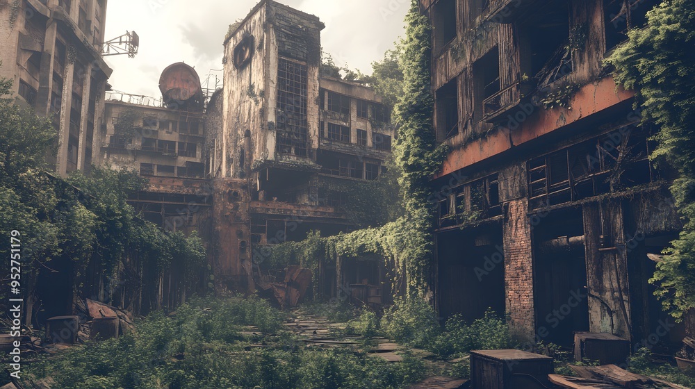 Abandoned post-apocalyptic city with vegetation overtaking ruined ...