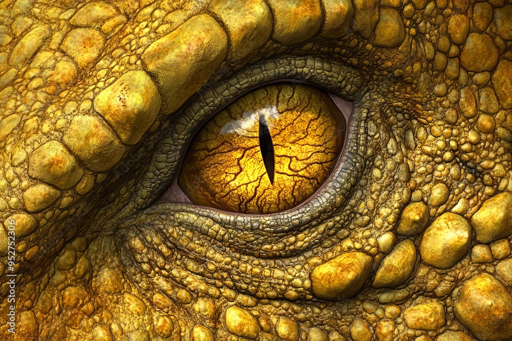 In this close-up of the dinosaur eye, the yellow eye of the dinosaur ...