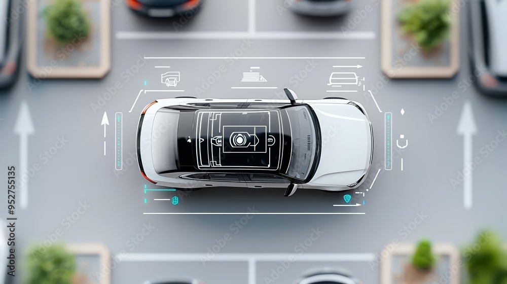 Top-down view of a smart car using advanced parking assist technology ...