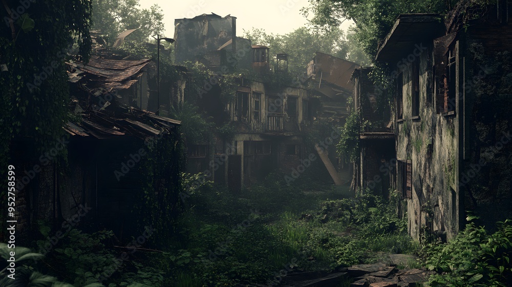 Overgrown abandoned city with crumbling buildings and lush vegetation ...
