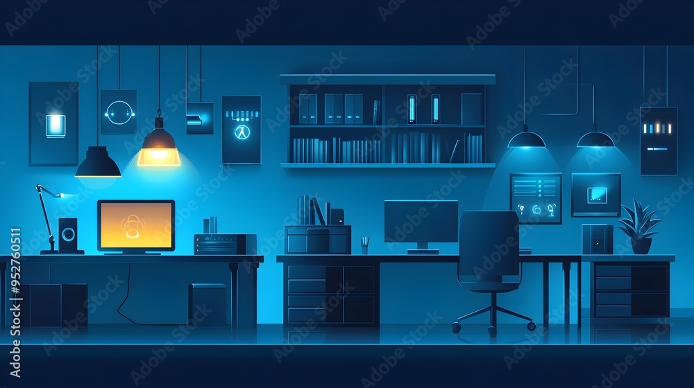 graphic of a smart office lighting system where intelligent IoT devices ...