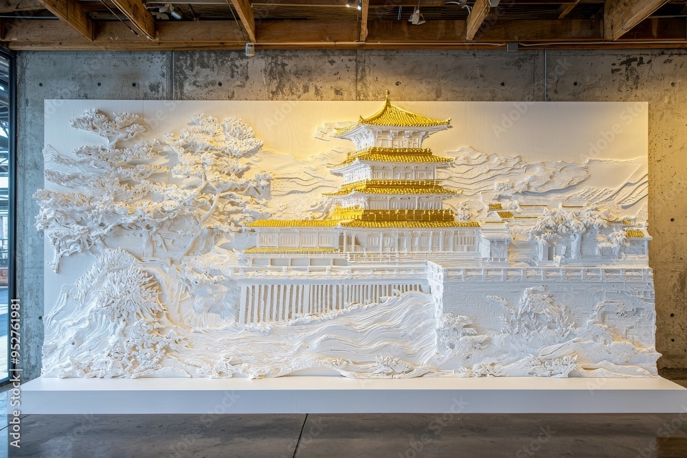 Painting with gold accents depicting a Japanese building Stock ...