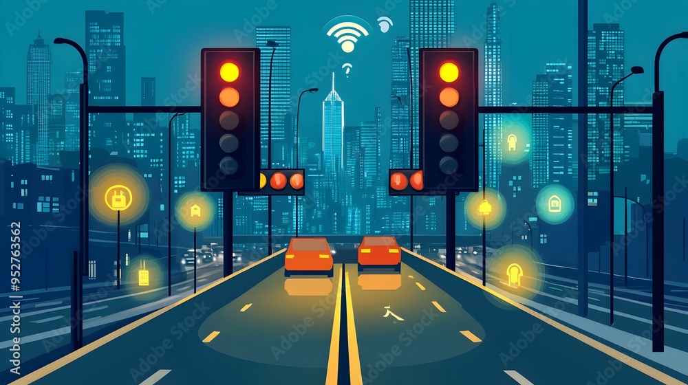 Innovative graphic depicting smart traffic lights controlled by IoT ...