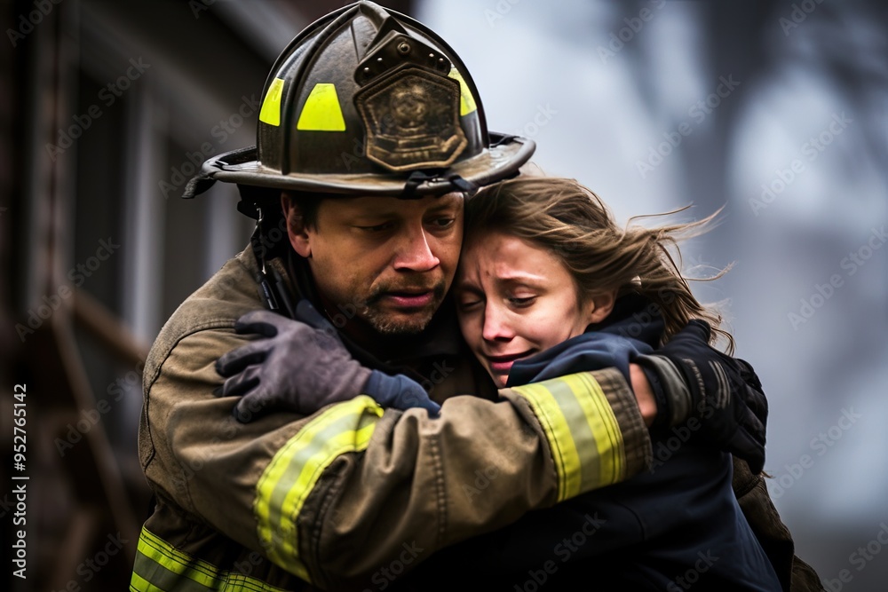 Scared young woman hugs brave fireman saved girl from fire on street ...