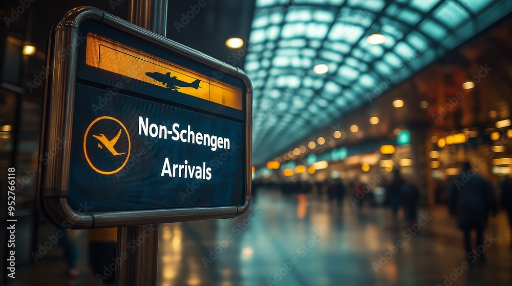 Non-Schengen Arrivals Sign at a Busy Airport Terminal, Guiding ...