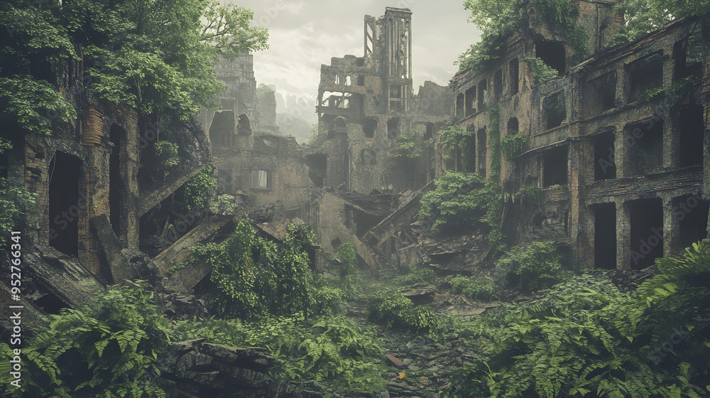 Post-apocalyptic city with lush vegetation overtaking ruined buildings ...