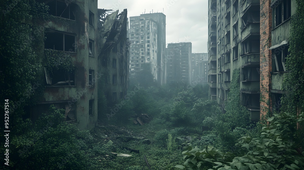 Overgrown post-apocalyptic cityscape with crumbling buildings and dense ...
