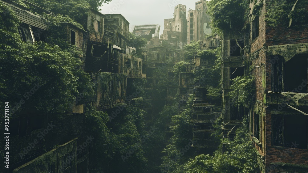 Overgrown post-apocalyptic cityscape with abandoned structures and ...