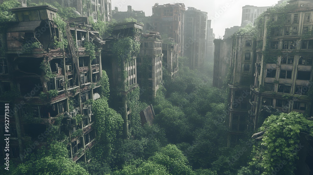 Overgrown post-apocalyptic cityscape with abandoned structures and ...