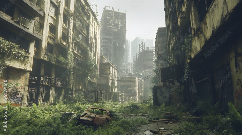 Overgrown post-apocalyptic cityscape with abandoned structures and ...