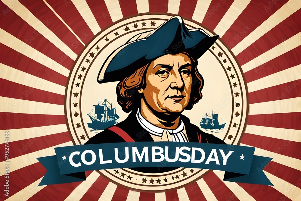 Columbus Day illustration featuring Christopher Columbus at the center ...