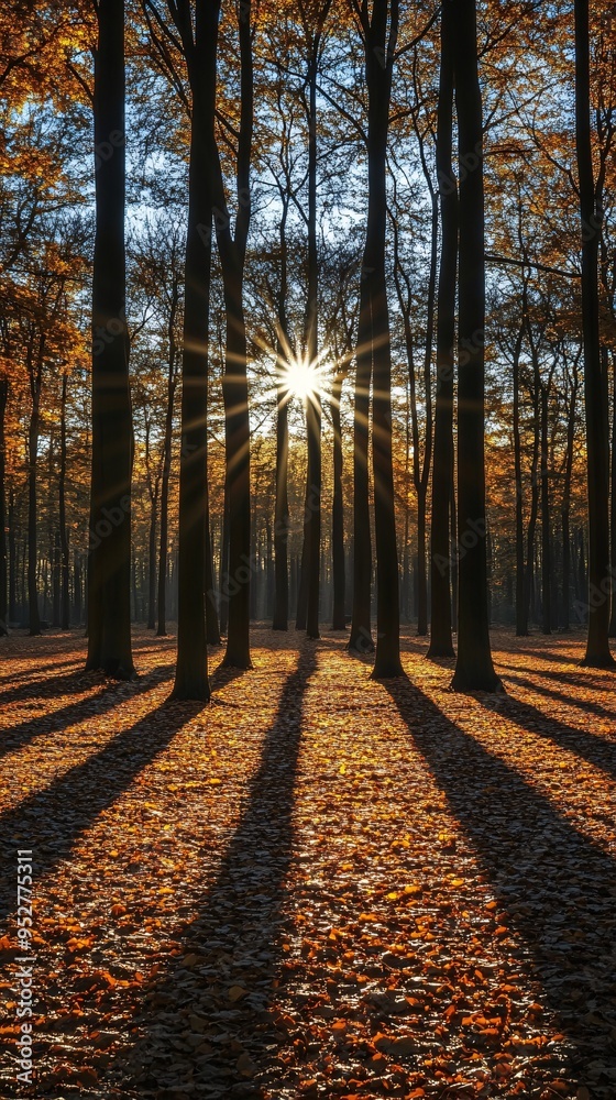 Sunlight filtering through the trees in a forest, casting long shadows ...