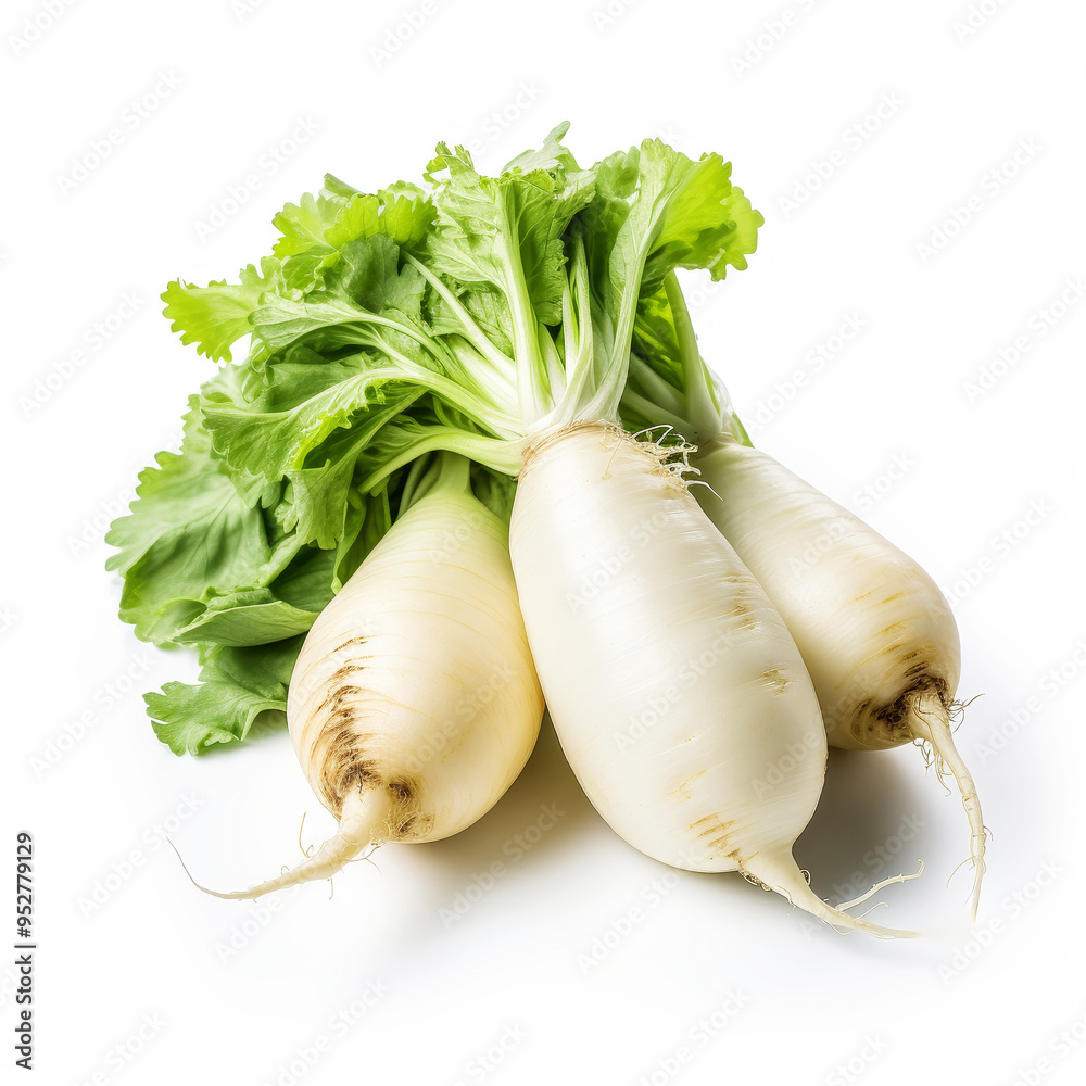 Fresh daikon radish with green leaves isolated on white background ...