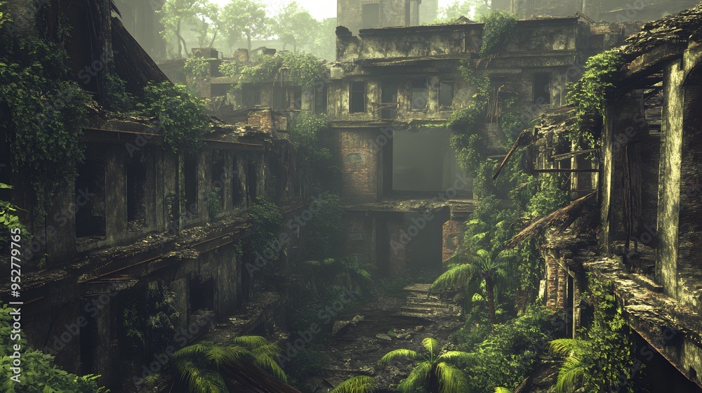 Post-apocalyptic cityscape with lush vegetation and decaying buildings ...