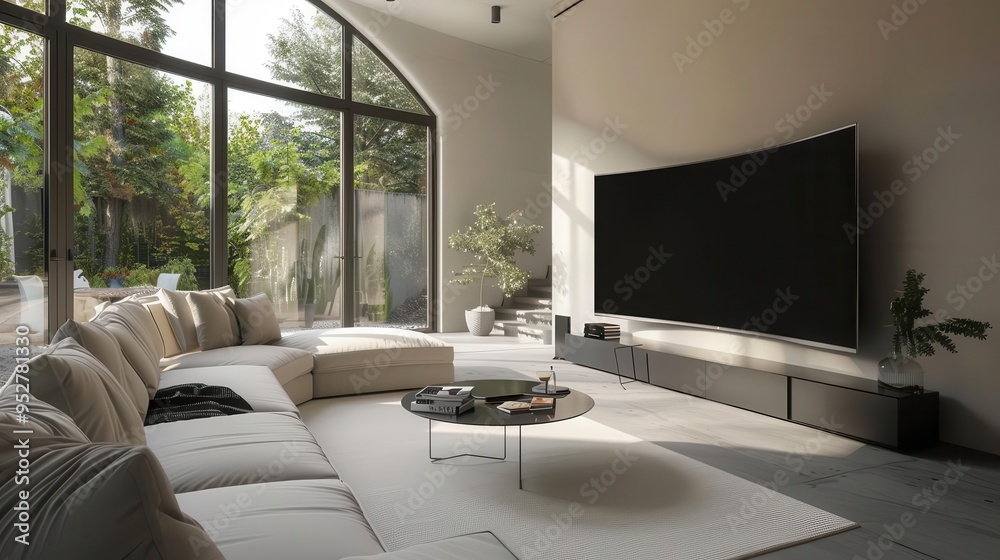 sleek minimalist living room with curved oled tv muted color palette ...