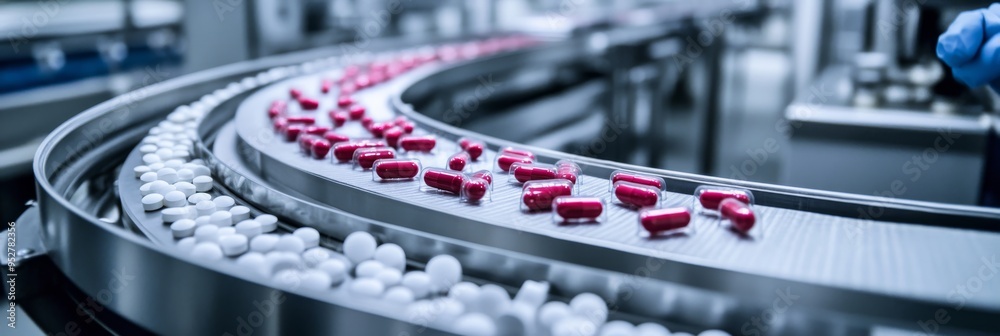 Colorful capsules and uniform tablets travel along a conveyor belt in a ...