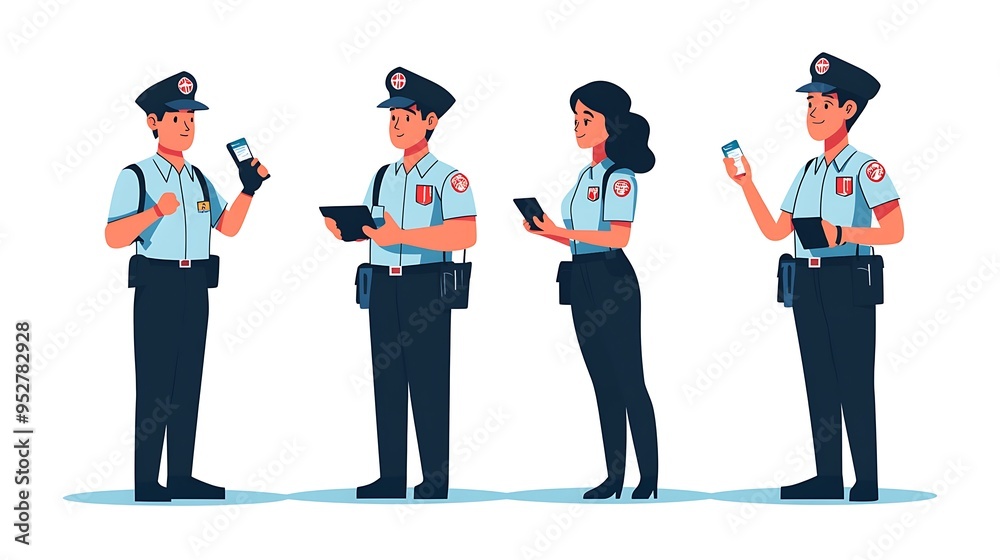 Diverse Security Guards Vector Illustrations in Flat Design Monitor ...