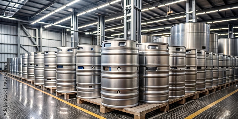 Metal kegs for beer production in an industrial setting, beer, keg ...