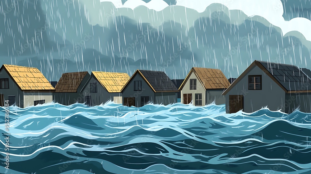 Submerged Houses in Flood Season - Cartoon Vector Illustration of Flooded Homes with Gray Sky ...