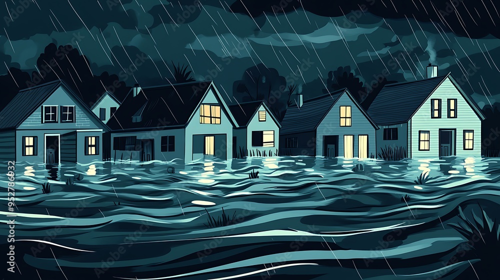 Submerged Cartoon Houses in Floodwater Under Stormy Sky - Vector ...