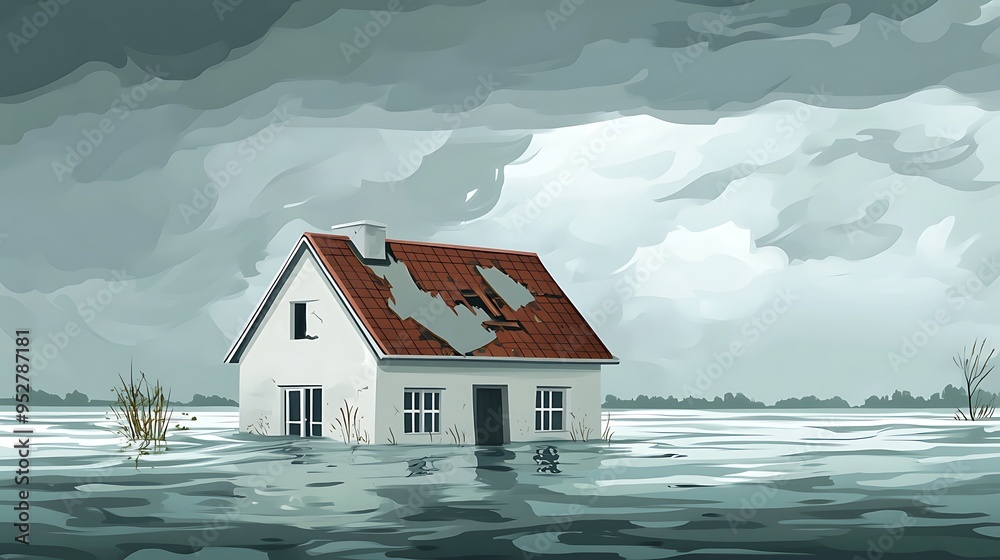 Submerged House in Floodwater - Cartoon Vector Illustration of Isolated ...