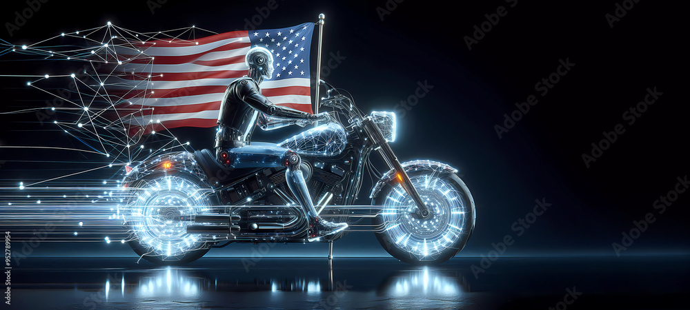 ภาพประกอบสต็อก Robot on a motorcycle with an American flag. Glowing ...