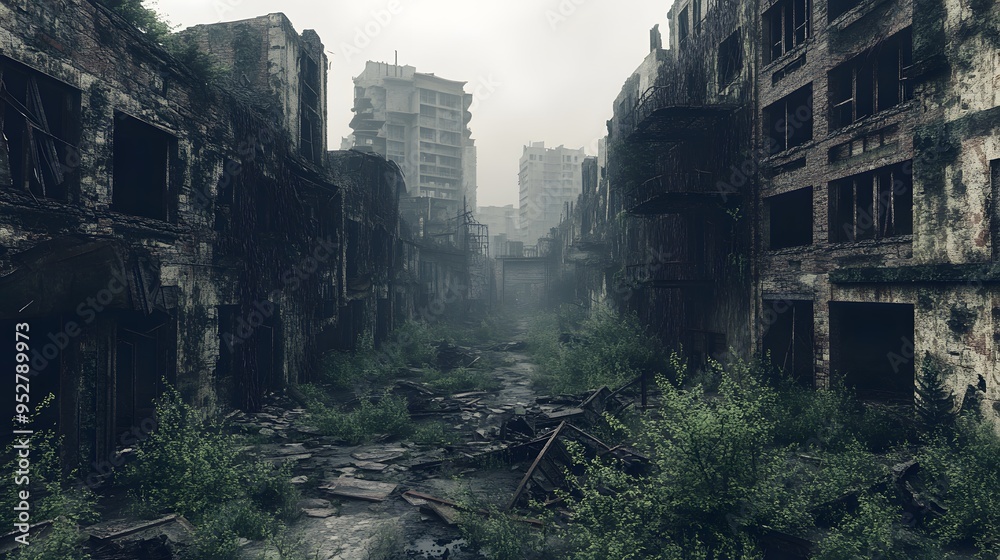 Post-apocalyptic cityscape with vegetation reclaiming abandoned ...