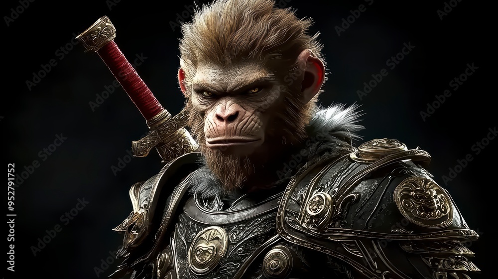 Anthropomorphic monkey king in armor with weapons on a black background ...
