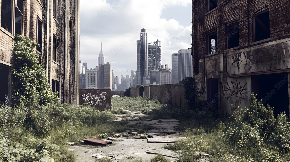 Abandoned cityscape with vegetation reclaiming derelict buildings in a ...