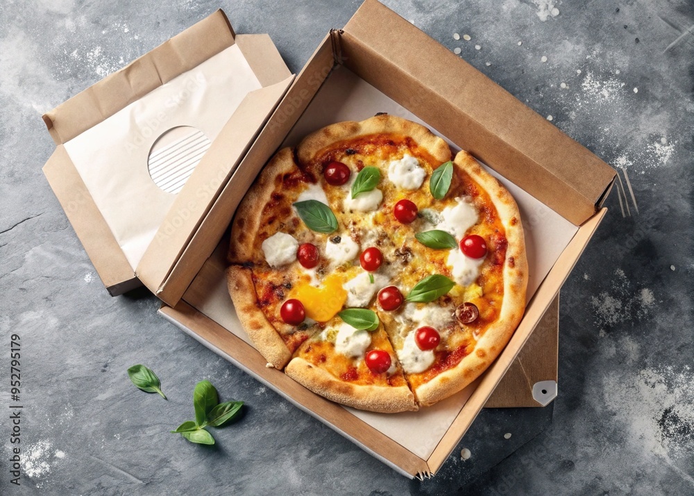 Modern pizza box mockup with a half-eaten pie, crispy crust, and melted ...