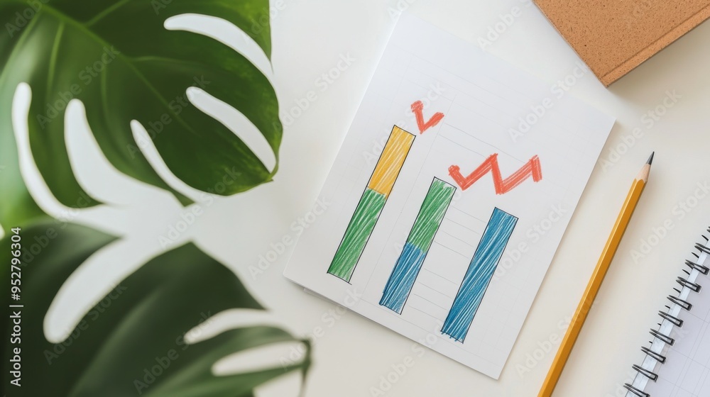 Flat lay of a bar chart with hand-drawn bars and annotations, placed on ...