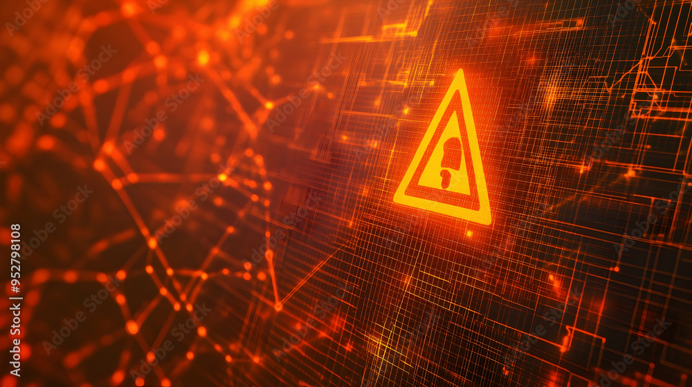 Abstract red digital background with an orange exclamation sign and warning triangle symbol on a ...