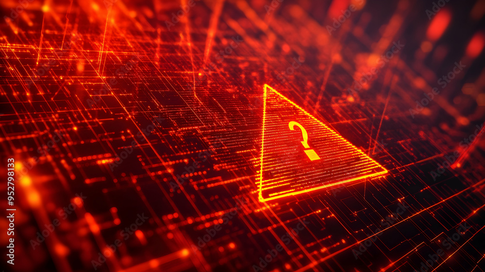 Abstract red digital background with an orange exclamation sign and warning triangle symbol on a ...