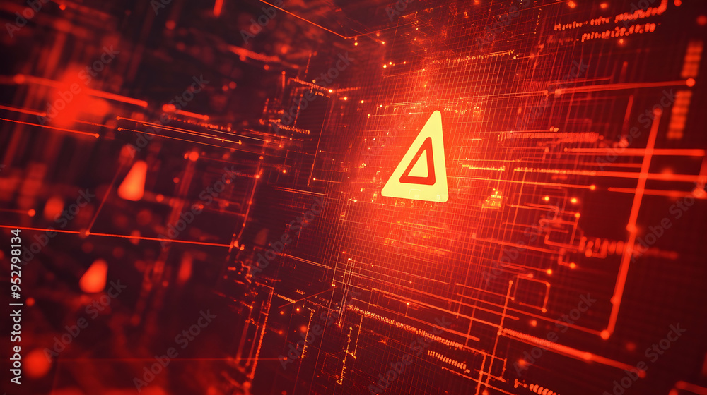 Abstract red digital background with an orange exclamation sign and warning triangle symbol on a ...