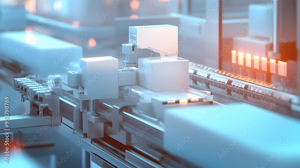 An automated industrial machine for plastic packaging is shown under a ...