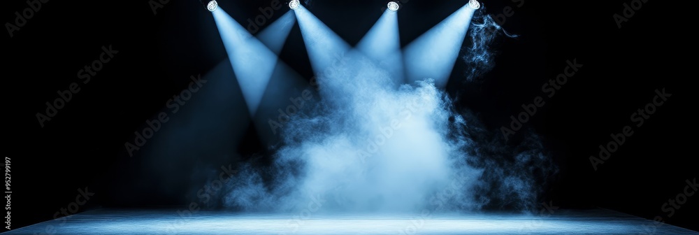 A dark and mysterious stage setting with three spotlights illuminating ...
