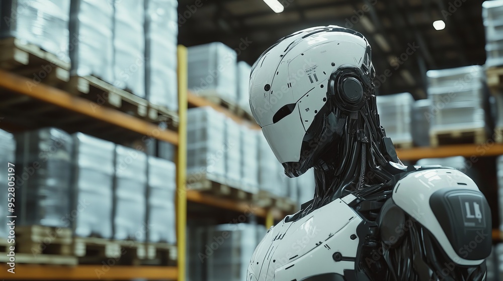 humanoid or android robot working in a warehouse, concept of ai and ...