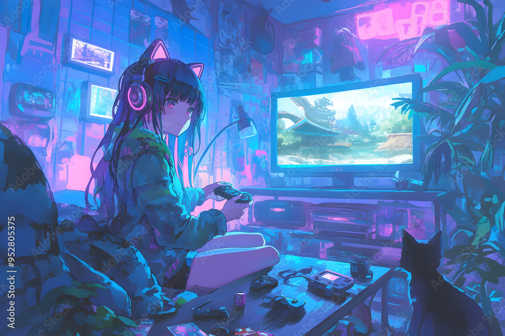 Retro Gaming Fun - Girl playing a retro video game on an old TV ...