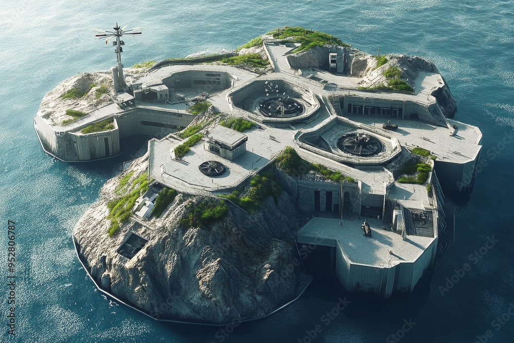 An aerial view of a fortified island military base with a helipad, a ...