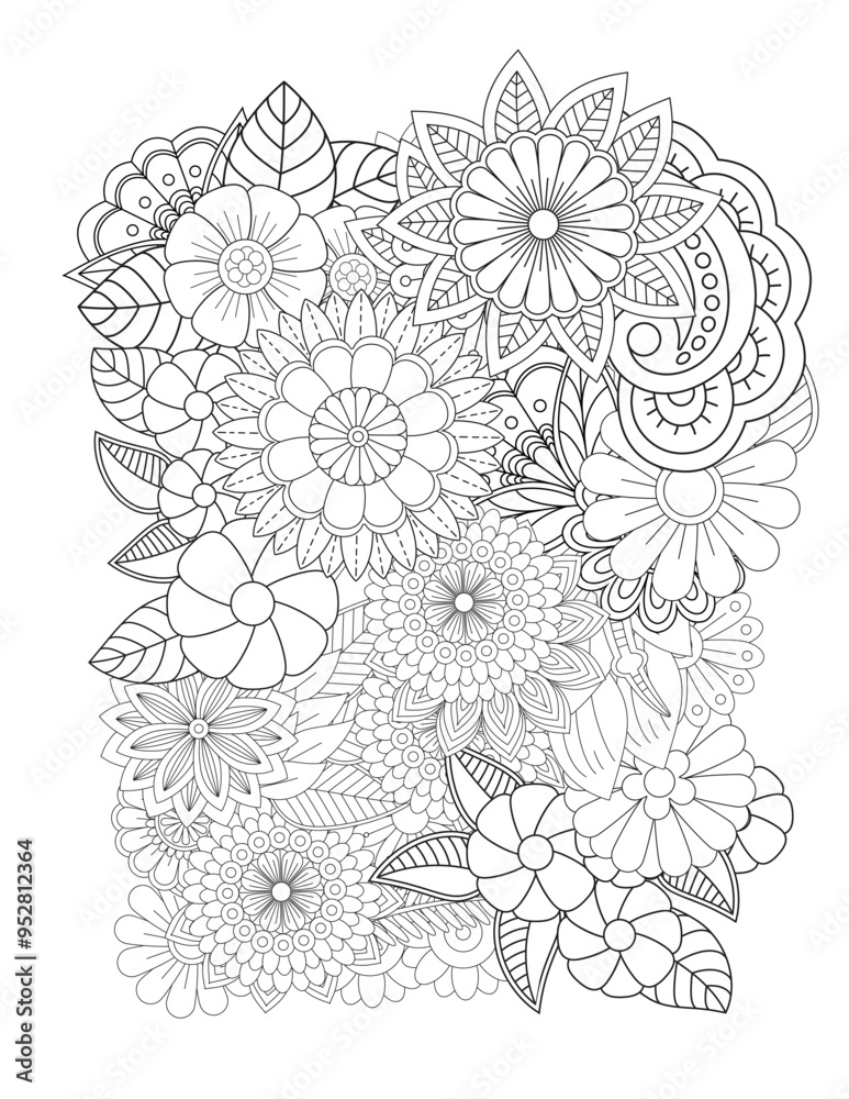 Coloring page of tropical flowers and leaves. Antistress for adults and ...