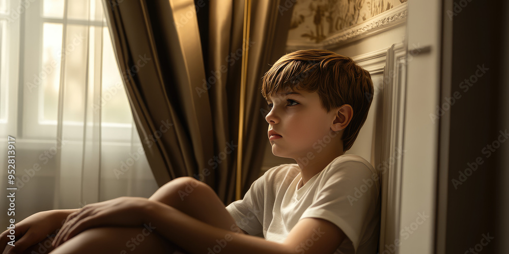 Sad child boy sitting in the corner of the room as punishment for ...