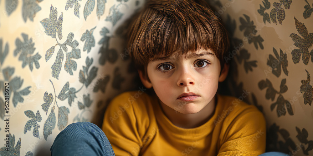 Sad child boy sitting in the corner of the room as punishment for ...