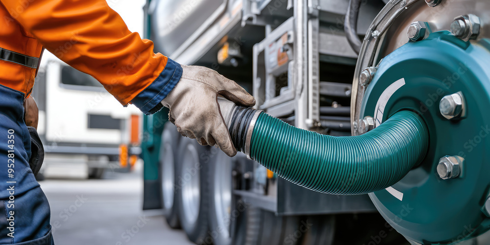 Worker connects a suction hose to a sewage tanker truck. Septic tank ...