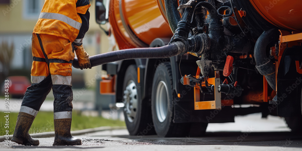 Worker connects a suction hose to a sewage tanker truck. Septic tank ...