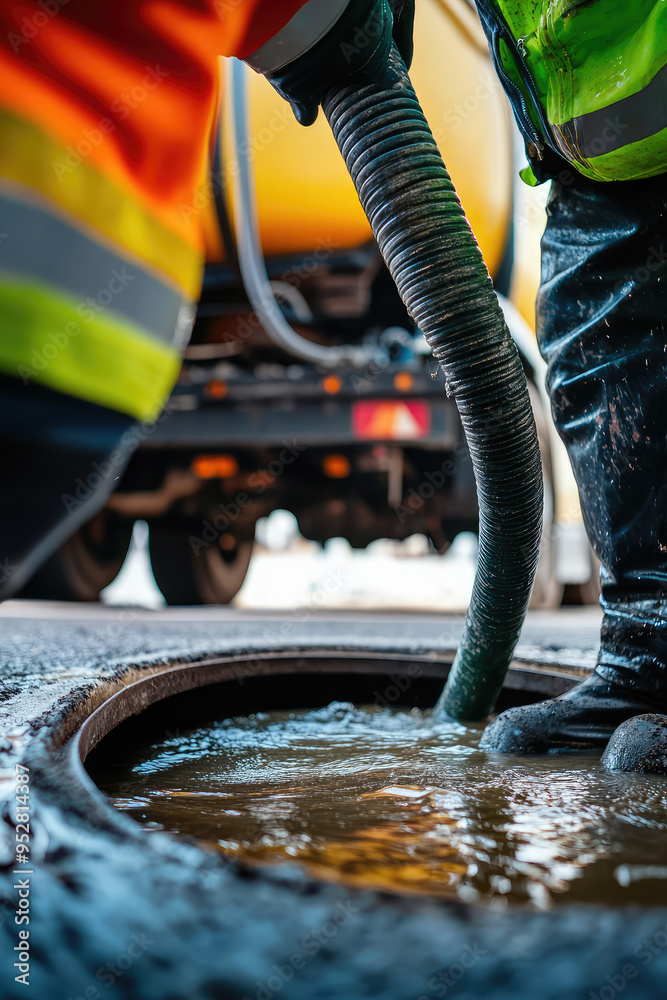 Worker connects a suction hose to a sewage tanker truck. Septic tank ...